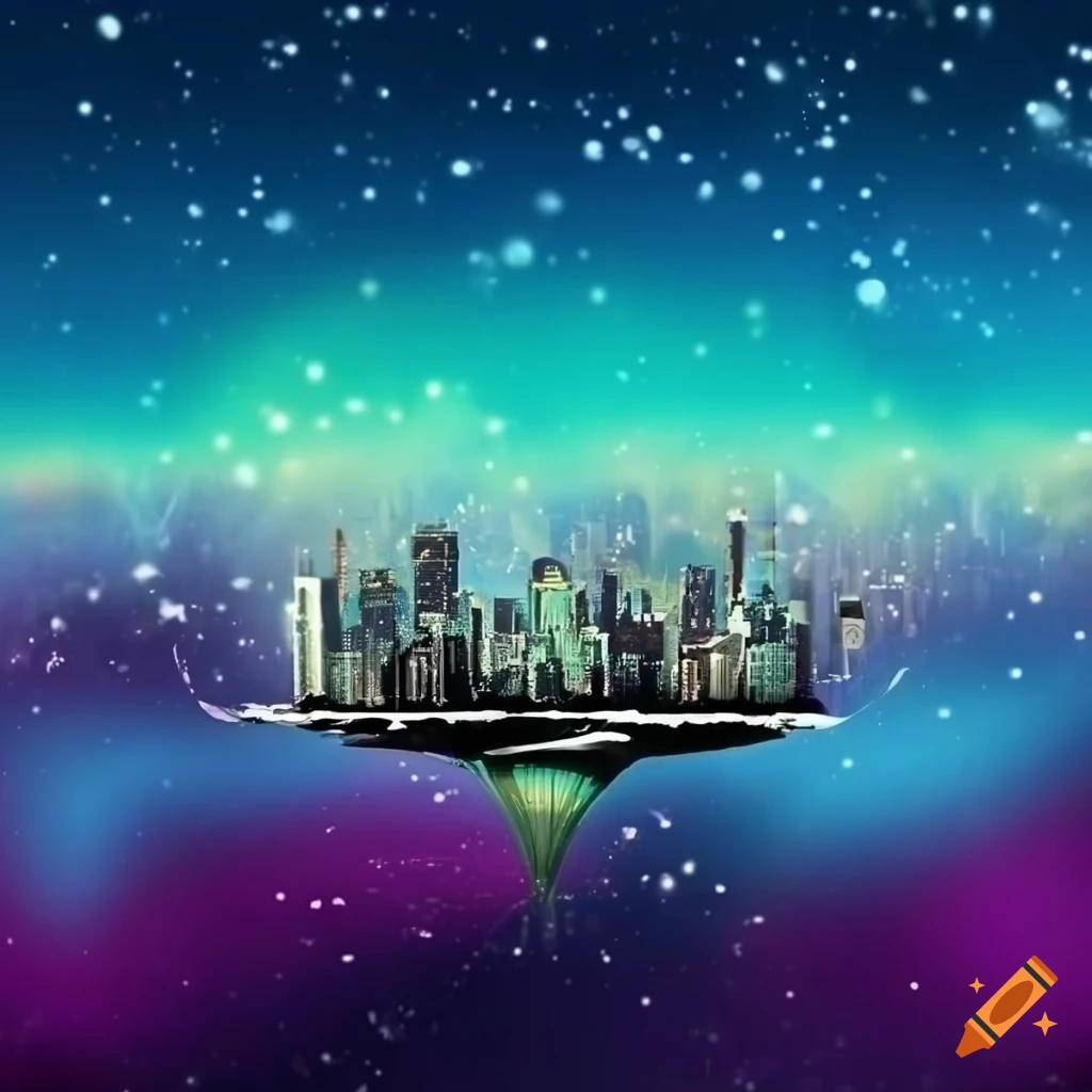Winter cityscape on a floating sky island in science fantasy setting on ...