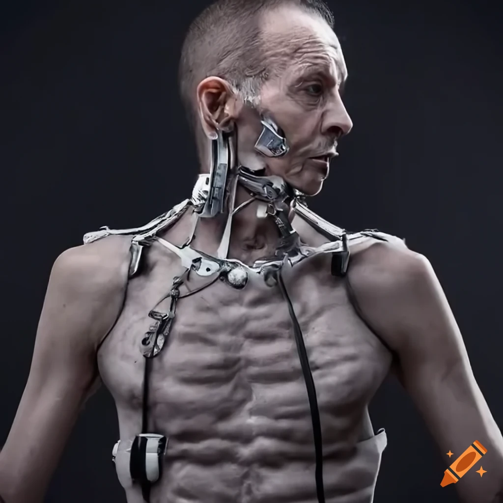 Hyperrealistic image of a male cyborg in a life support suit on Craiyon