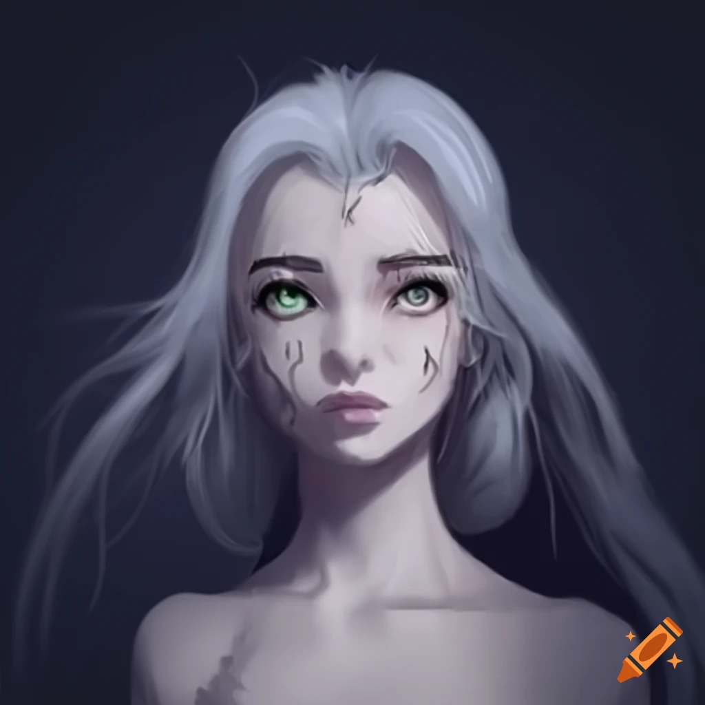 Humanoid female with cool-toned skin and long white windswept hair in ...