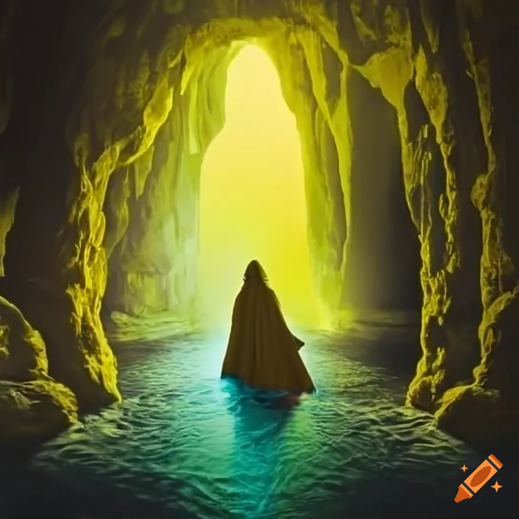 Woman in glowing yellow cloak looking at beautiful grotto from afar on ...