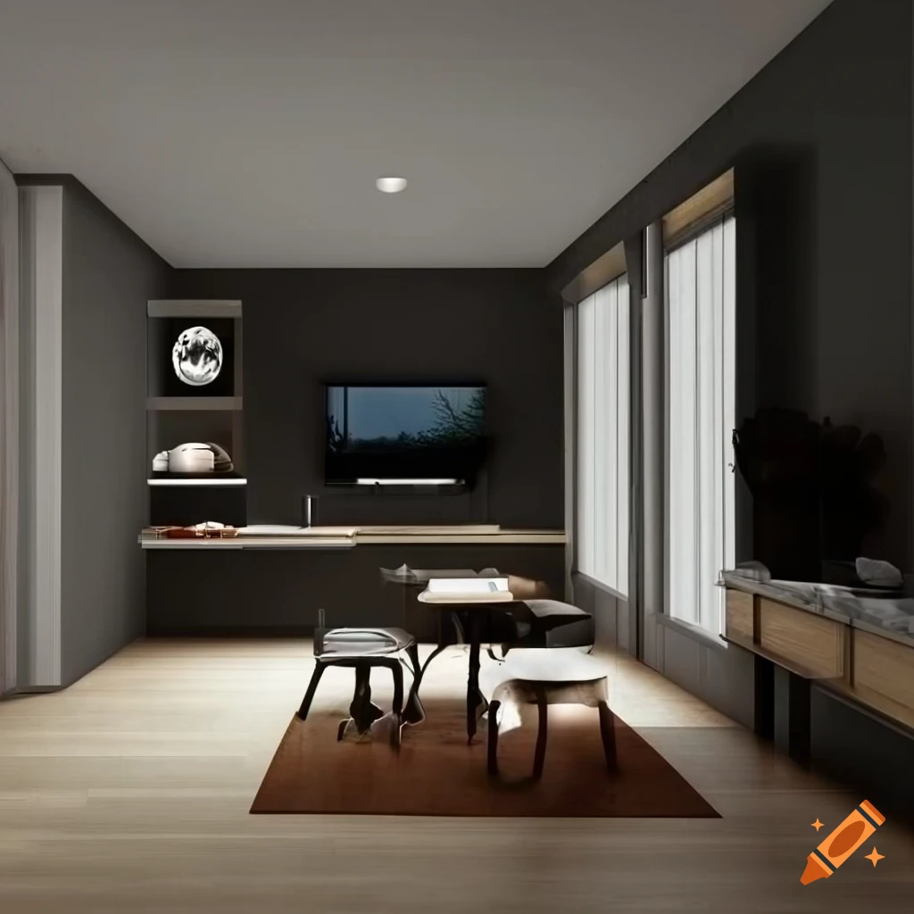 Photorealistic interior render of kitchen and living room space with tv ...