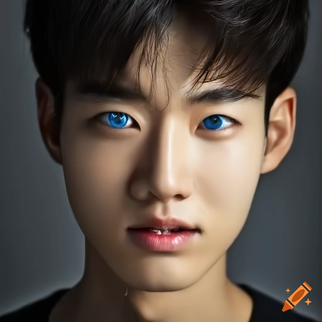 Handsome Korean-American young man with sparkling blue eyes and short ...