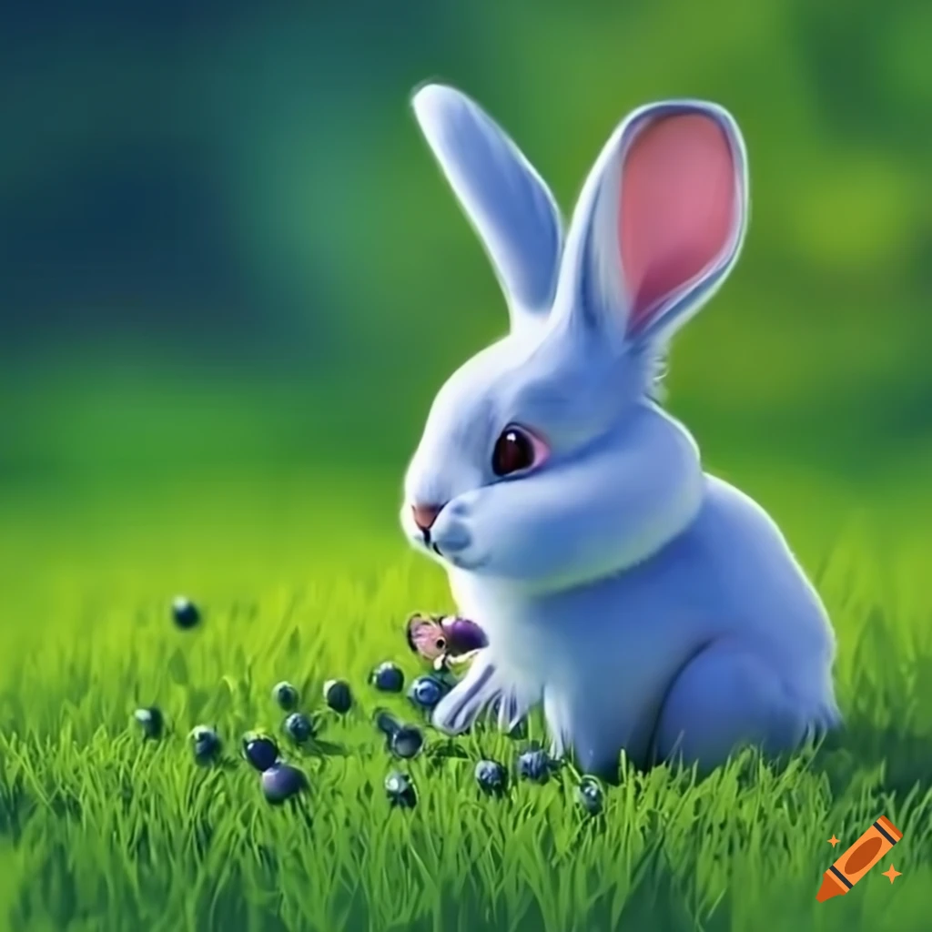 Cute animated bunny grazing blueberries in a grass field on Craiyon