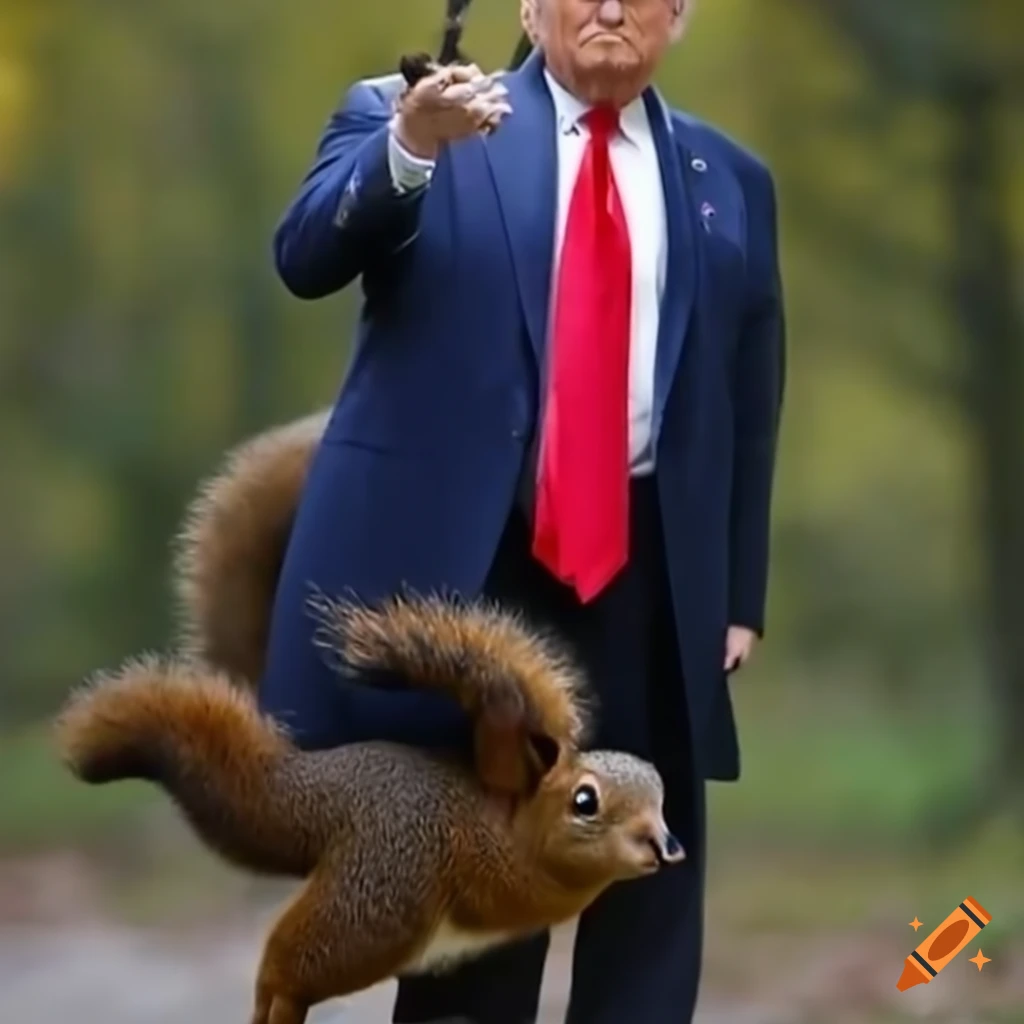 Satirical depiction of donald trump riding a squirrel on Craiyon