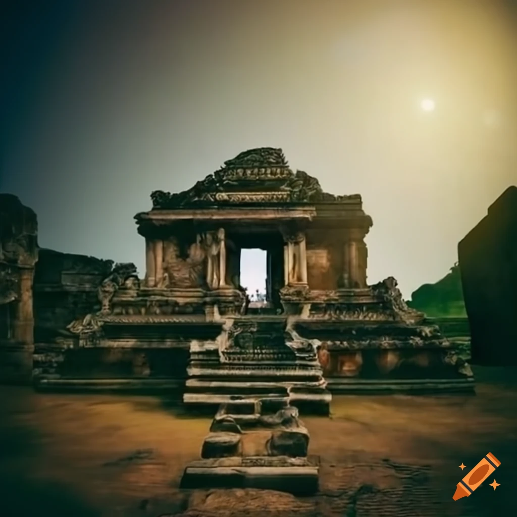 Surreal archaeological temple surrounded by ancient ruins and etchings ...
