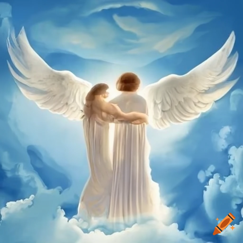 Two male angels hugging in a celestial realm on Craiyon