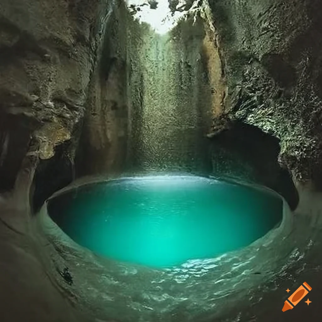 Dark cave with illuminated water pools on Craiyon