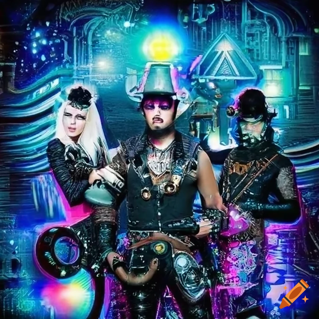 Steampunk biker team in a cosmic dreamscape with ethereal goth attire ...
