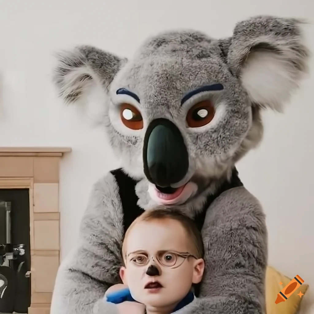 Father wearing a full body koala mascot fursuit at home on Craiyon