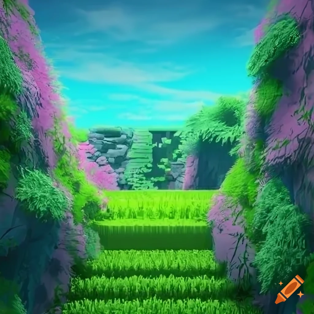 3D infinite square labyrinth with fluffy vegetation and stone walls ...
