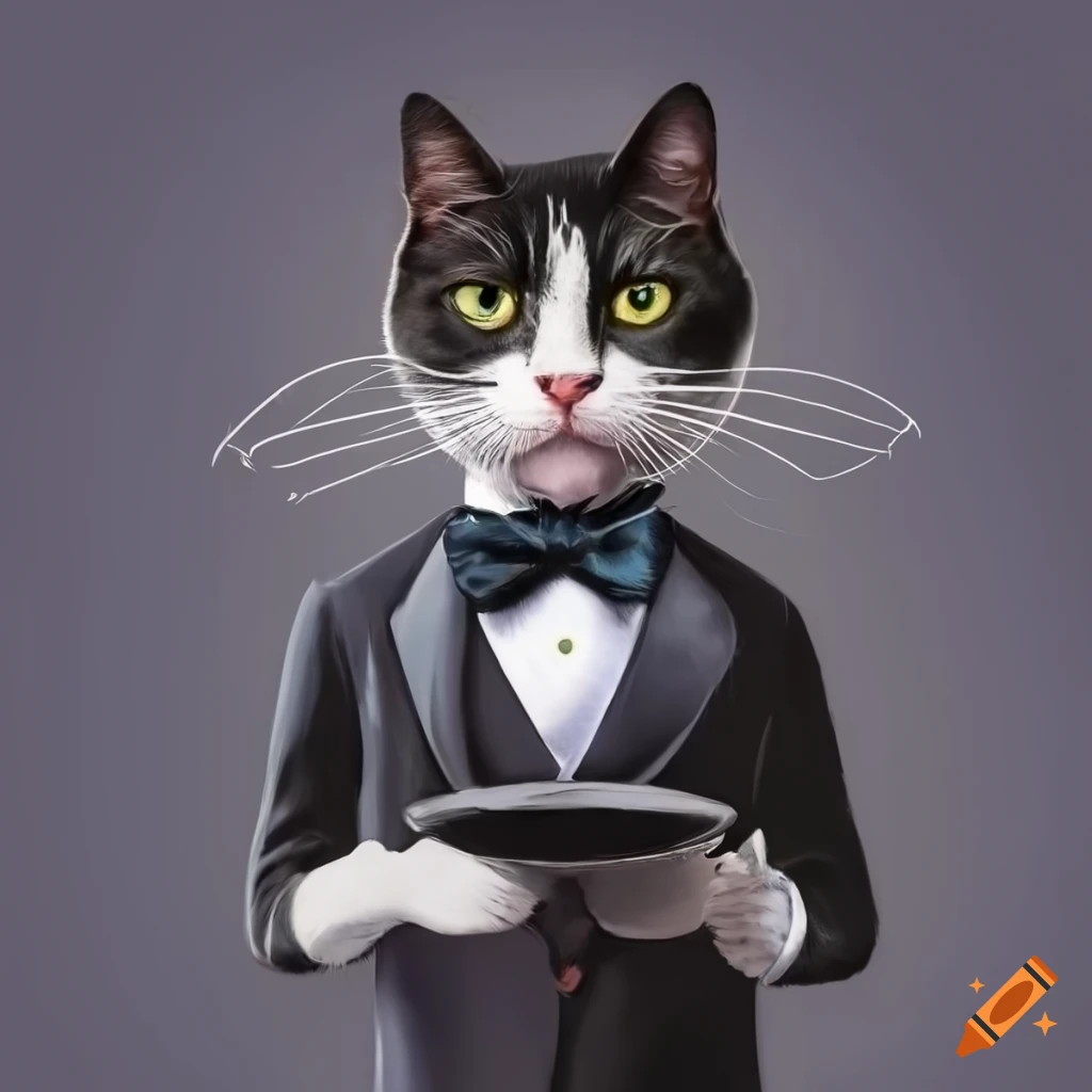 Butler tuxedo cat holding a serving platter on Craiyon