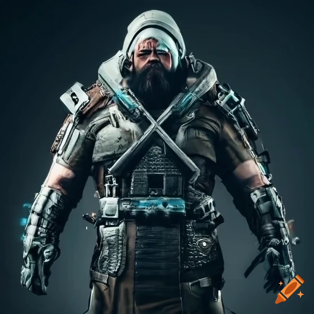 Futuristic viking warrior in high-tech suit with advanced weapons on ...