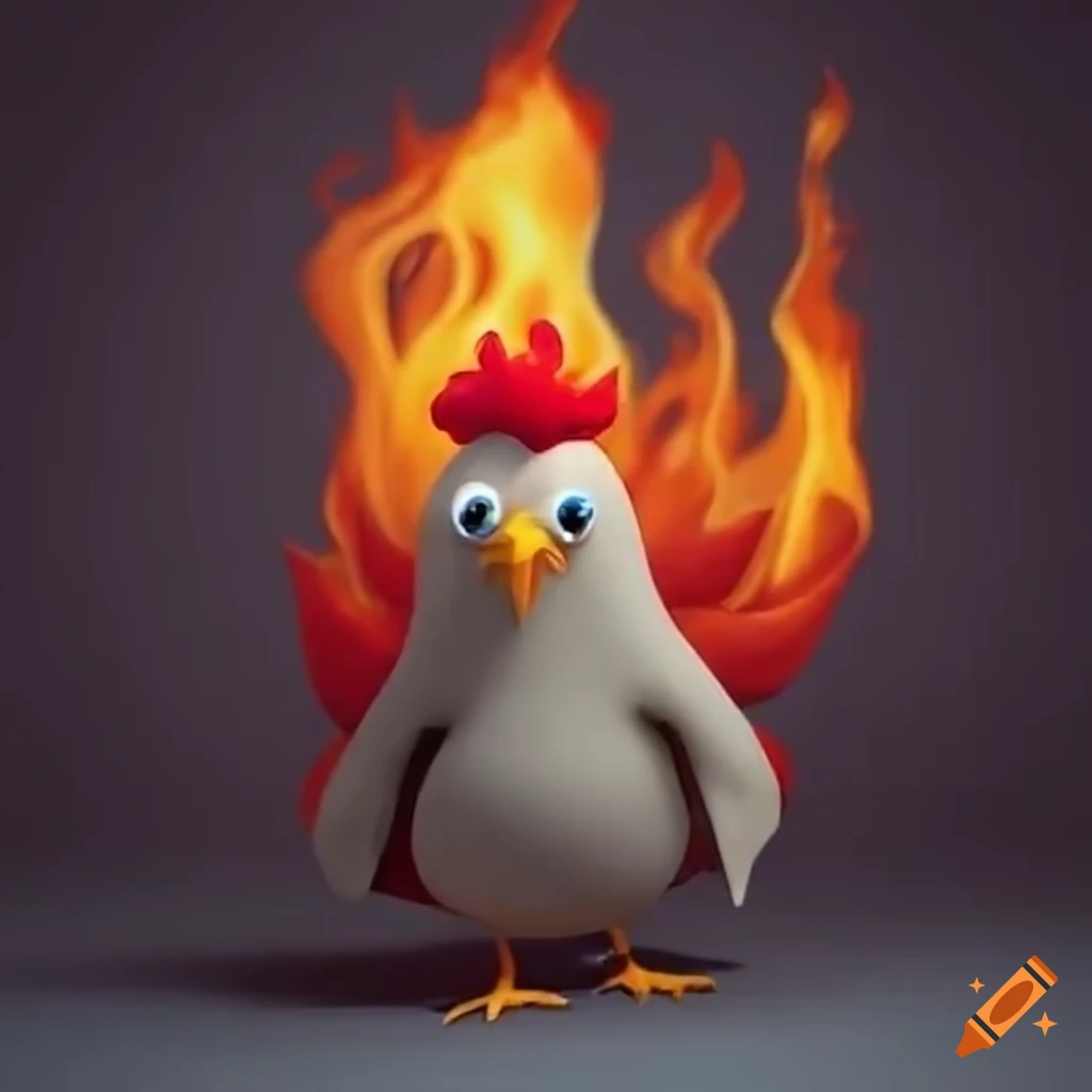 Adorable cartoon chicken engulfed in flames on Craiyon