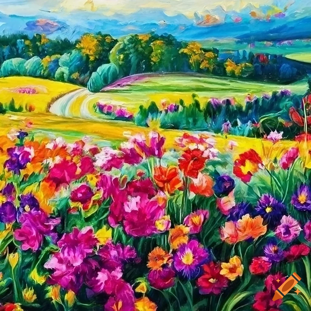 Realistic high resolution painting of a colorful field of flowers on ...