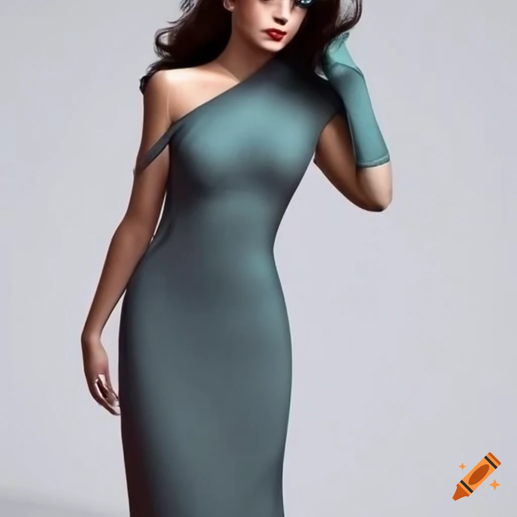 Egg shell colored one-sleeve bodycon midi dress with gradient towards ...