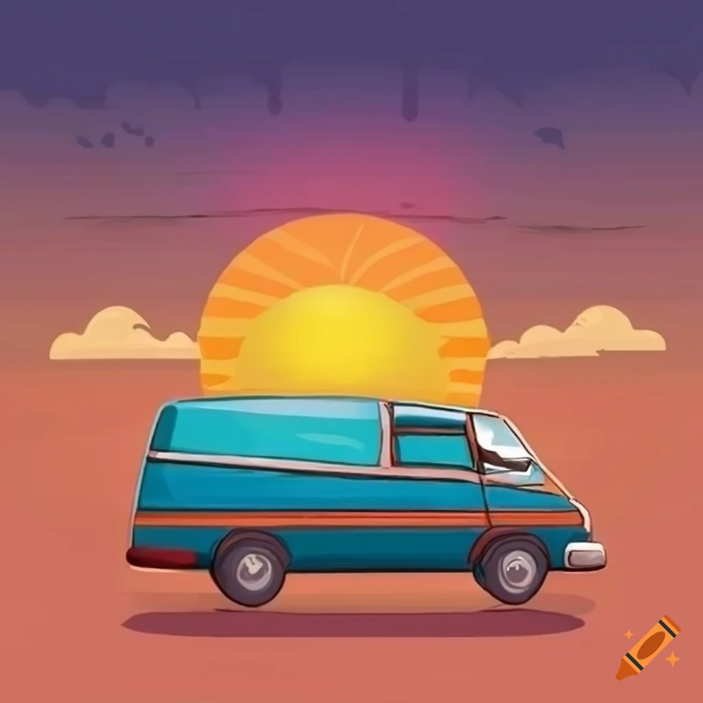 Cartoon van with a sunset background on Craiyon