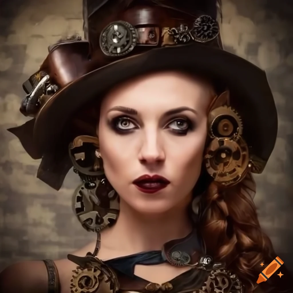 Steampunk-dressed woman with gears and clockwork accessories on Craiyon