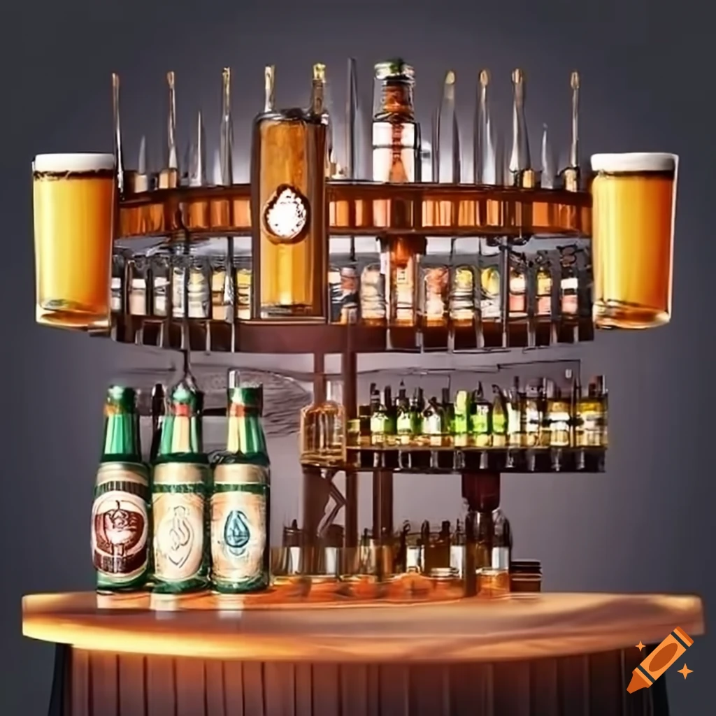 Beer bar with arced beer tower on Craiyon