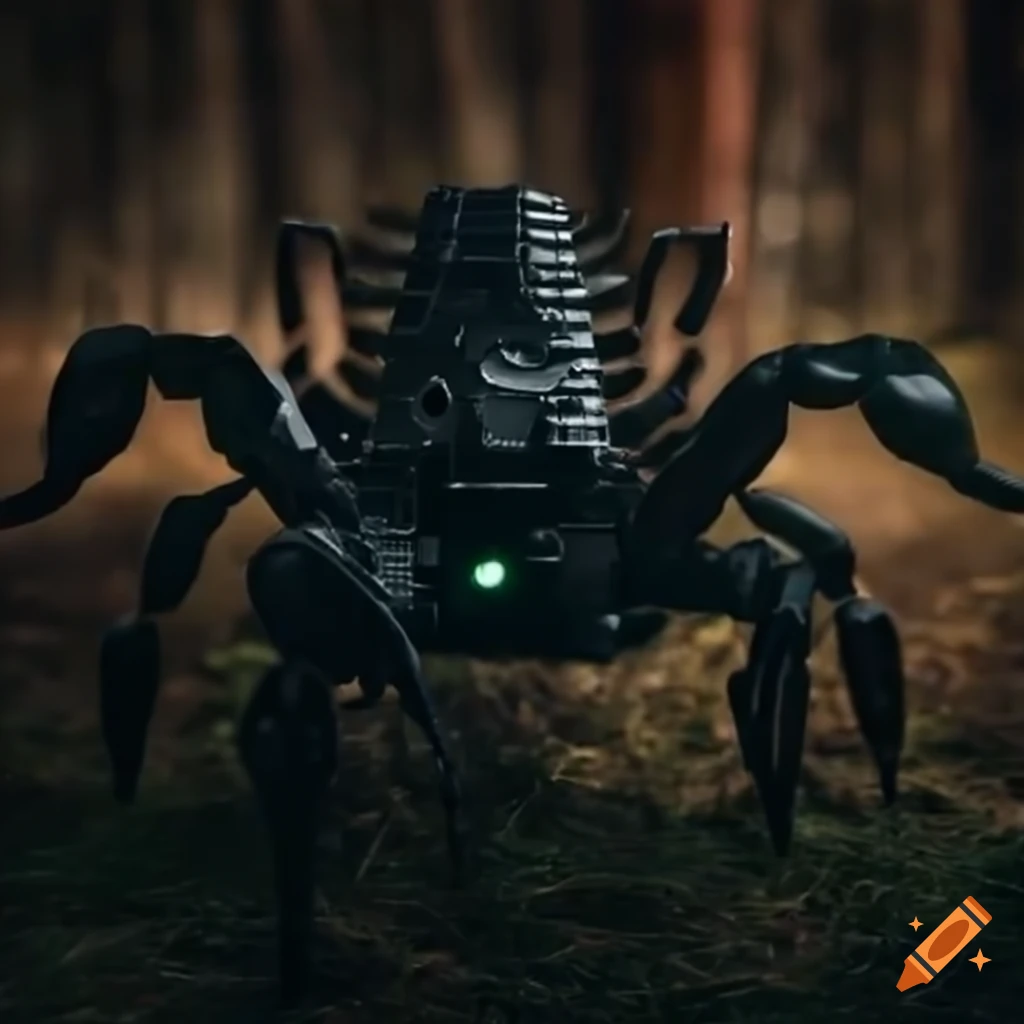 Unique black scorpion robot with laser cannons protecting the forest on Craiyon