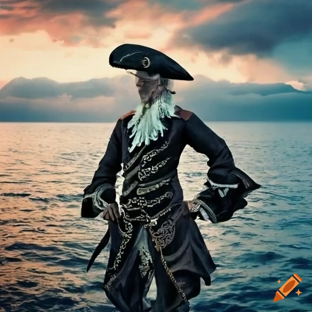 Pirate in ornate black clothing standing on a sloop at sea in 1700s on ...