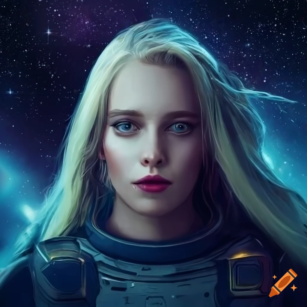 Blonde woman with long hair on a spaceship looking at the stars on Craiyon