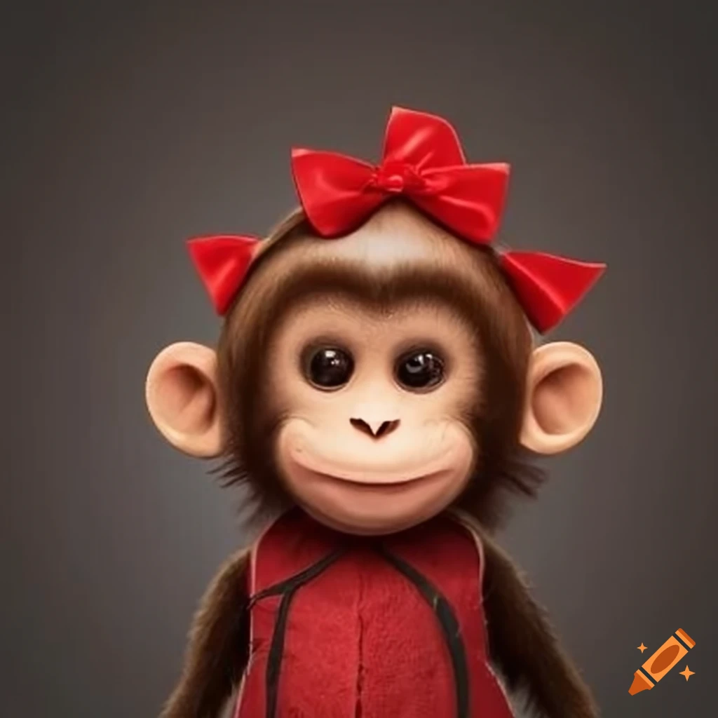 Adorable monkey child in a dress with a red bow on Craiyon