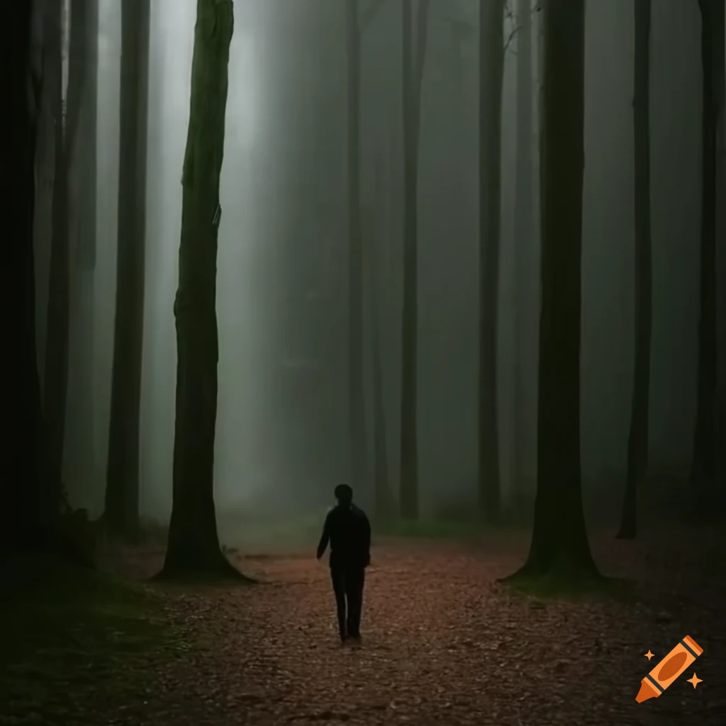 Man walking in a dark forest on Craiyon