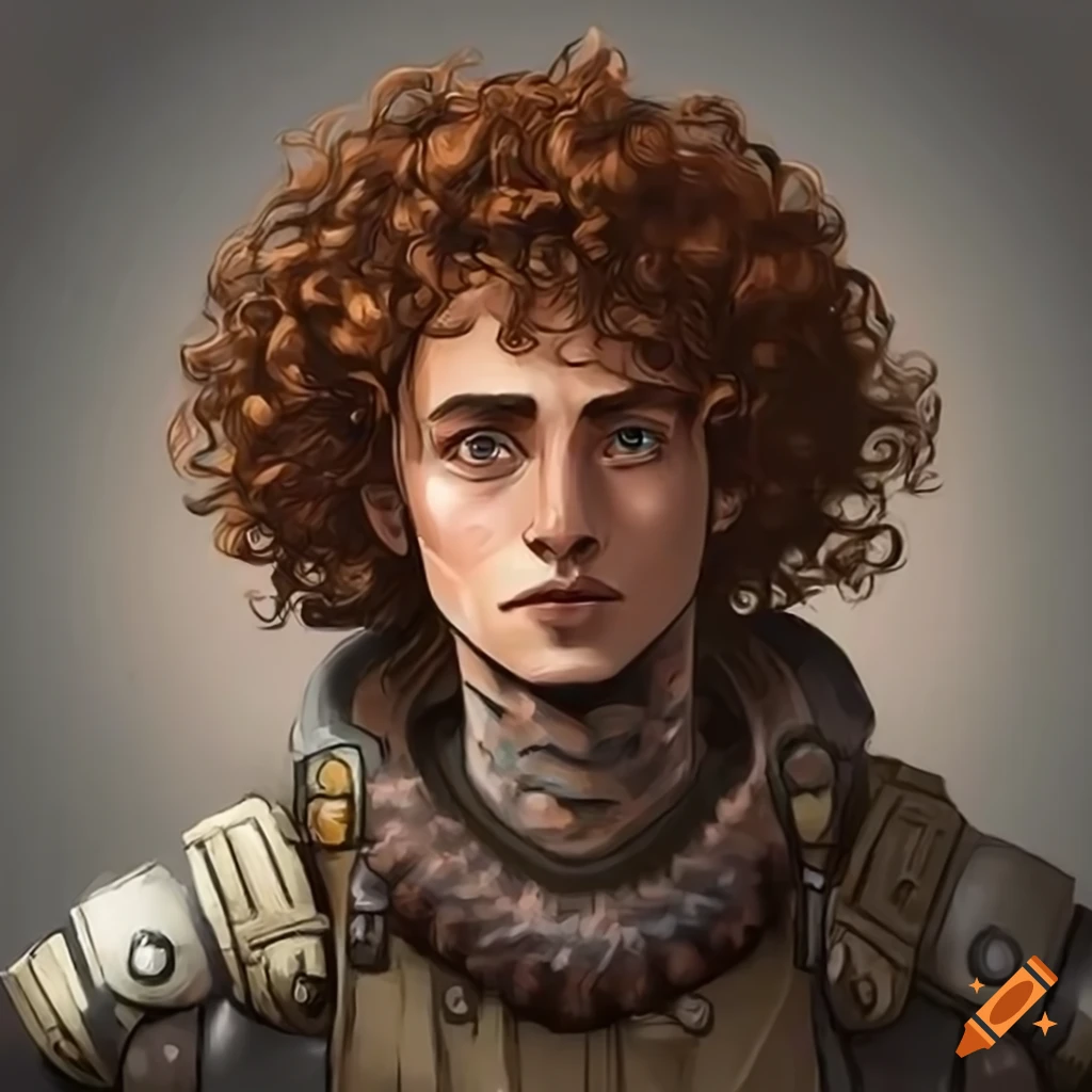 Male rpg mechanical engineer with brown curly hair on Craiyon