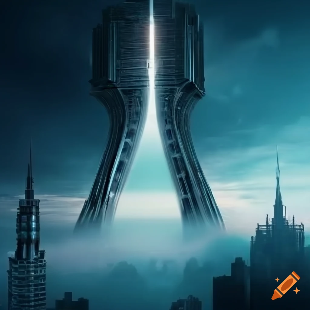 Futuristic high-rise black tower rising above the clouds with a cosmic ...