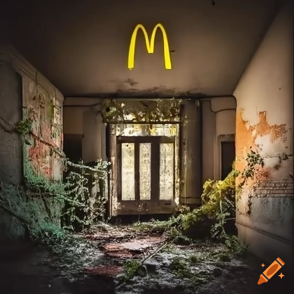 Abandoned fast food restaurant with vines and damaged walls on Craiyon