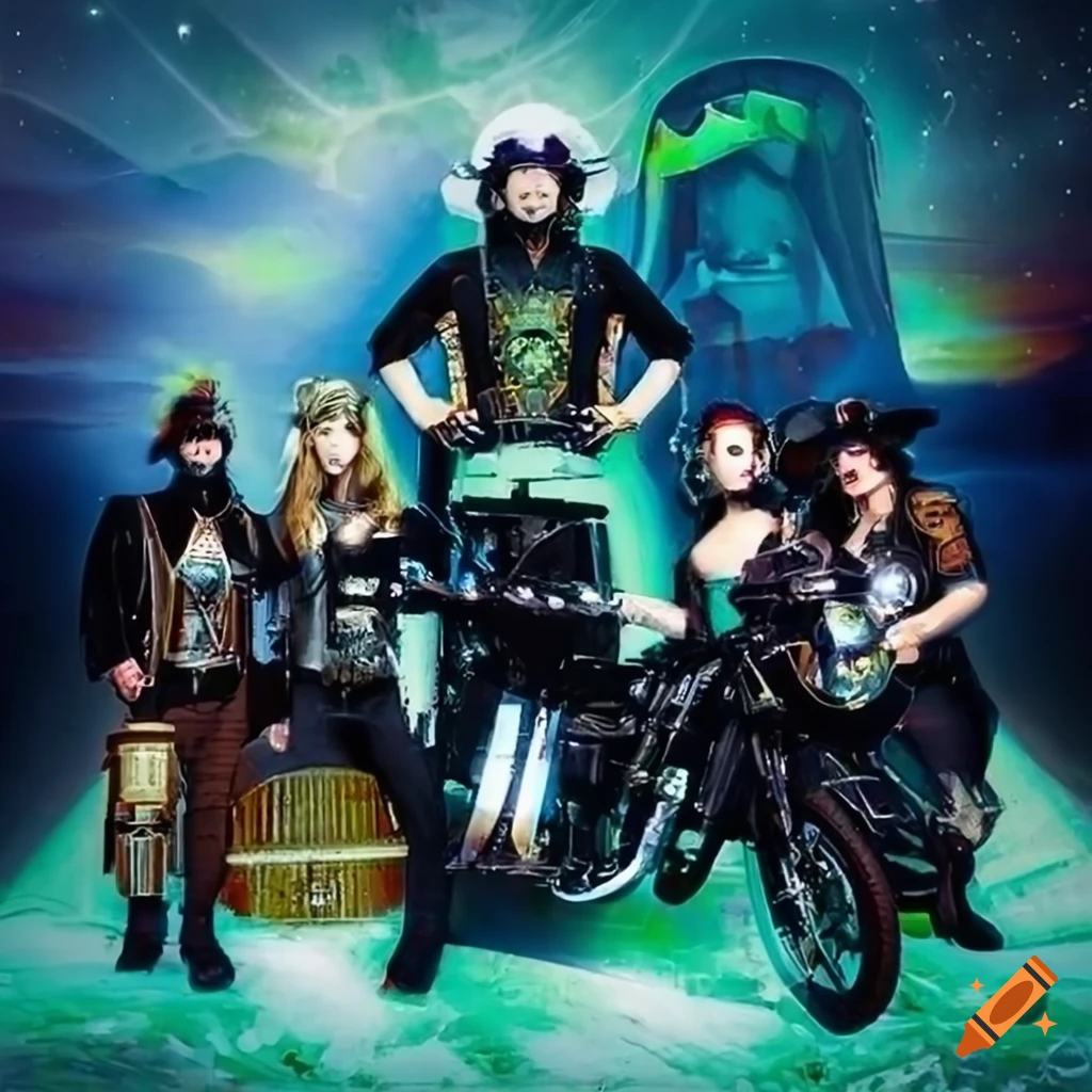 Steampunk biker team in a cosmic dreamscape with ethereal goth attire ...