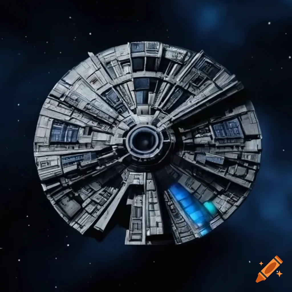 Millennium Falcon-style starship at a futuristic starbase on Craiyon