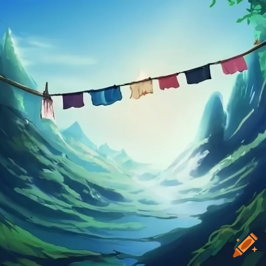 Anime style washing line on a hill with clothes hanging on Craiyon