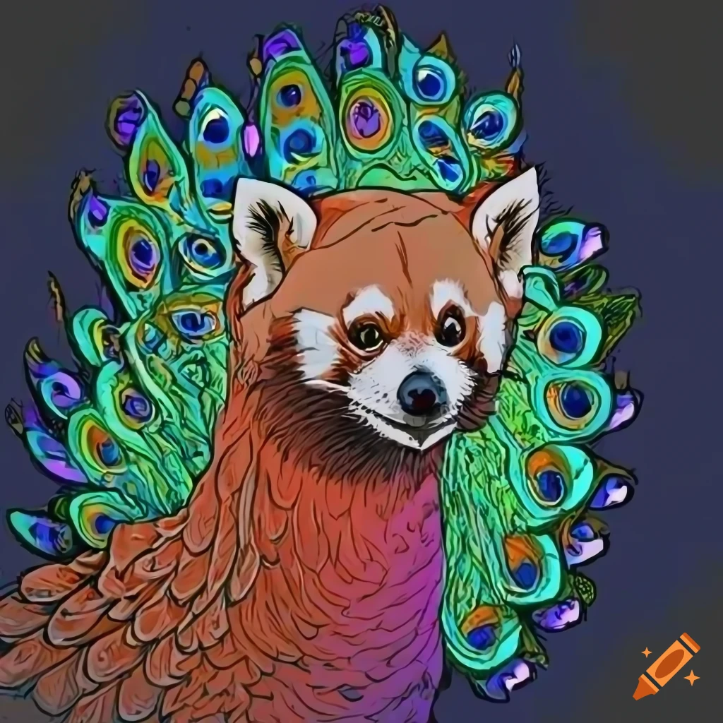 Imaginary animal with peacock body, red panda head, and wings in comic ...