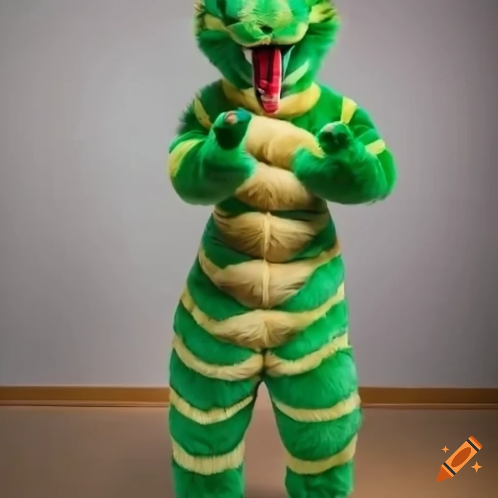 Female teacher in green snake mascot costume in classroom on Craiyon