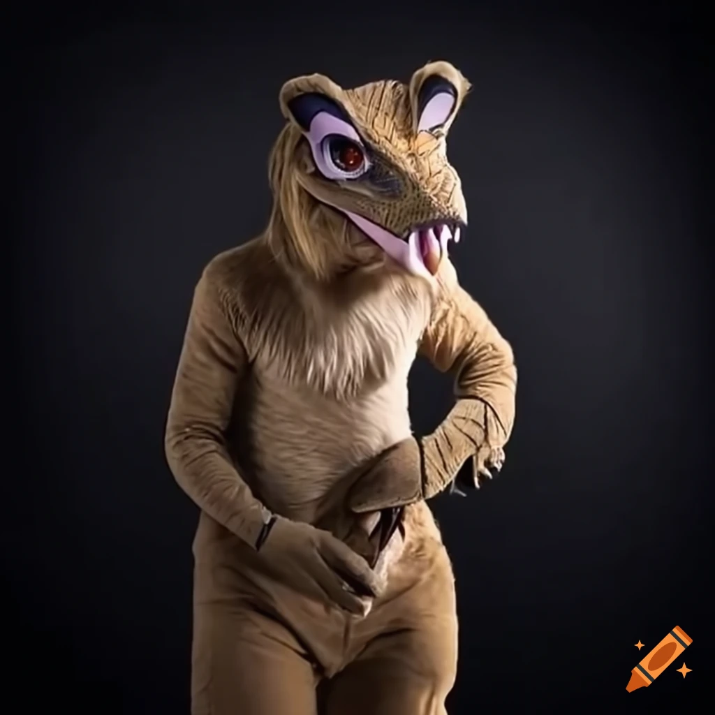 Creative female teacher in velociraptor fursuit costume at classroom on ...