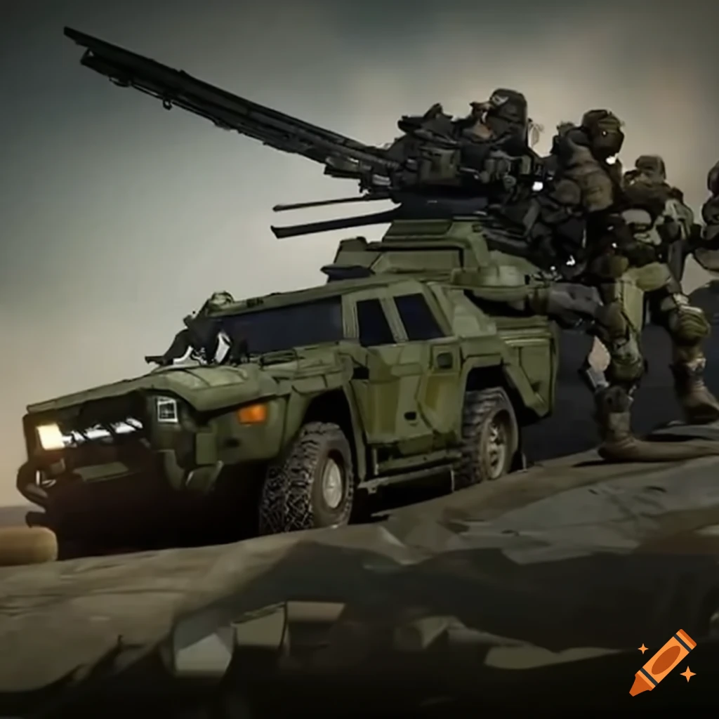 UNSC marines driving an SUV on a mission in Halo on Craiyon
