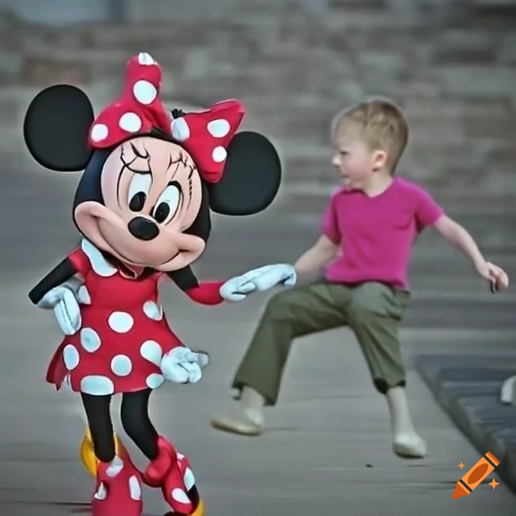 Minnie mouse playfully grabbing a boy in a cartoon scene on Craiyon