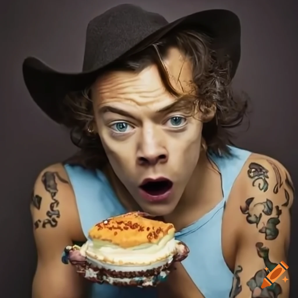 Harry styles eating cake with a cowboy hat on Craiyon