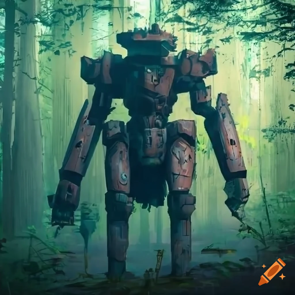 Ancient abandoned mecha in the forest on Craiyon