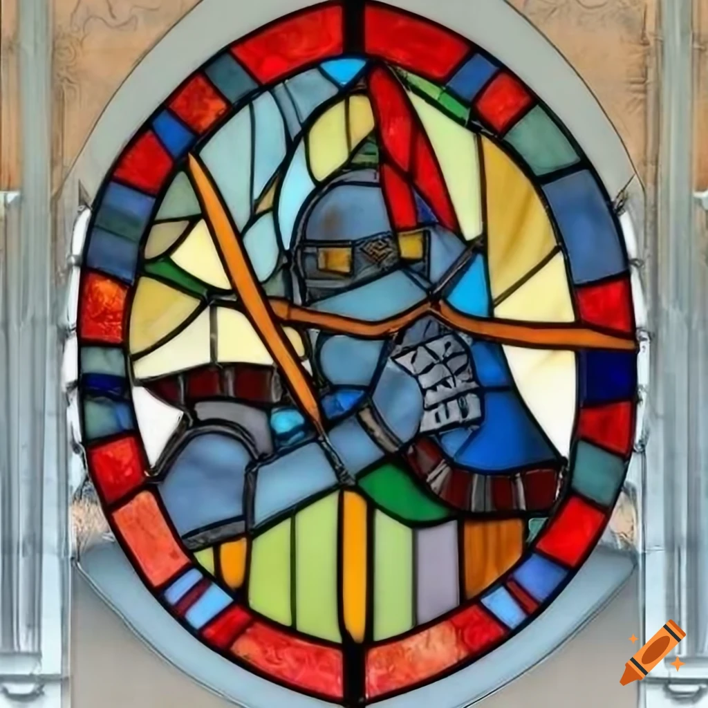 Stained glass depiction of a valiant knight on Craiyon