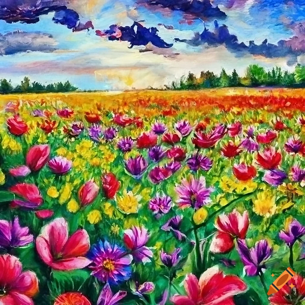 Realistic painting of colorful field of flowers in high resolution on ...