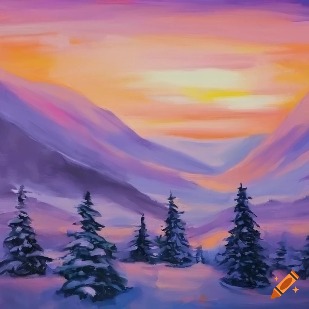 Snowy trees with pastel sunset above mountains in an acrylic painting ...
