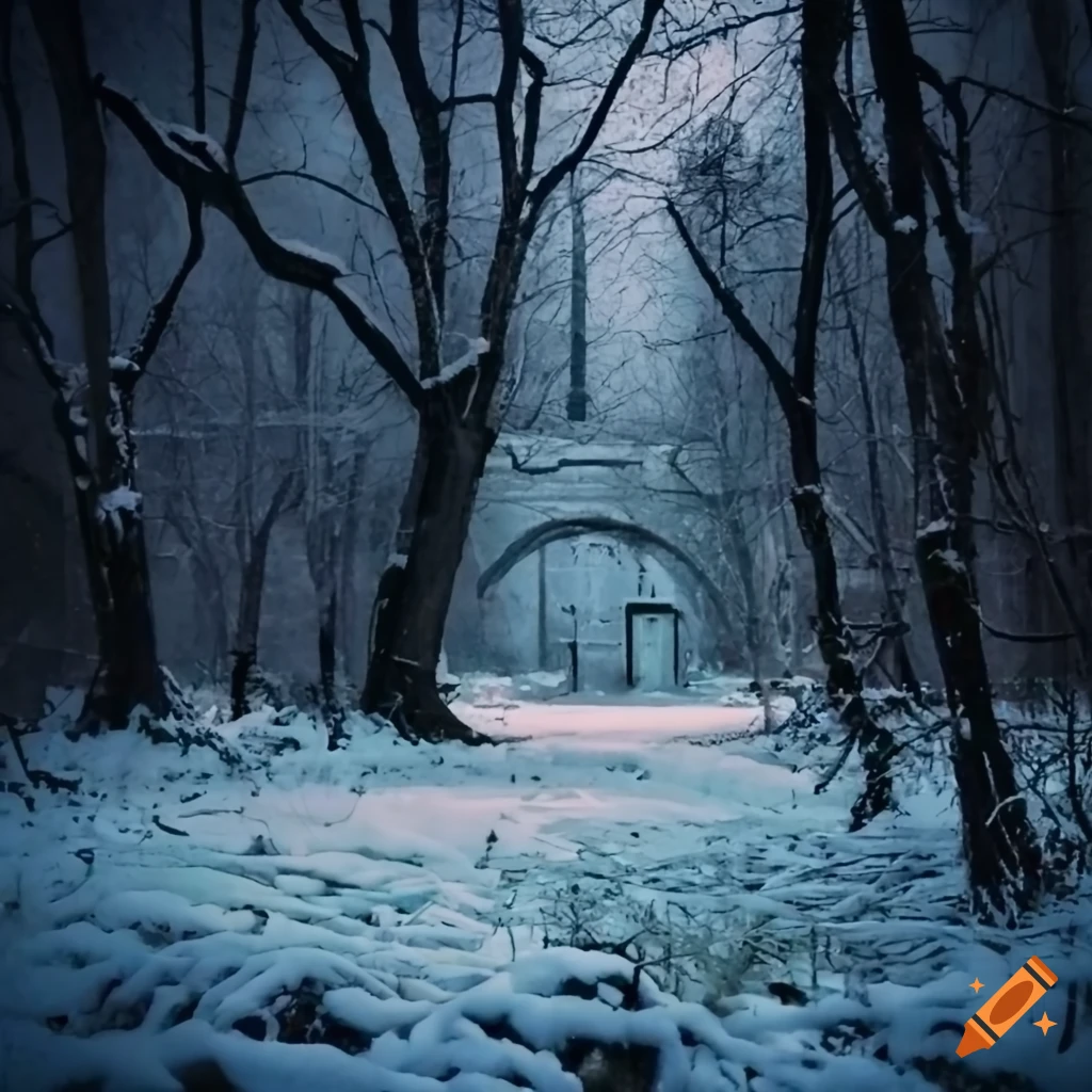 Abandoned hidden garden on a snowy day with falling snow on Craiyon