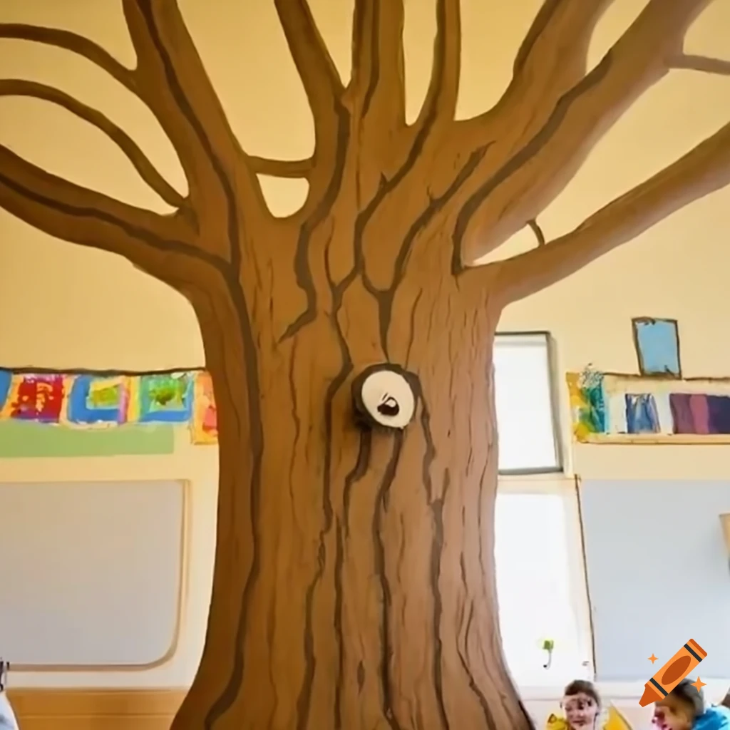 Giant oak tree painted on kindergarten classroom wall on Craiyon