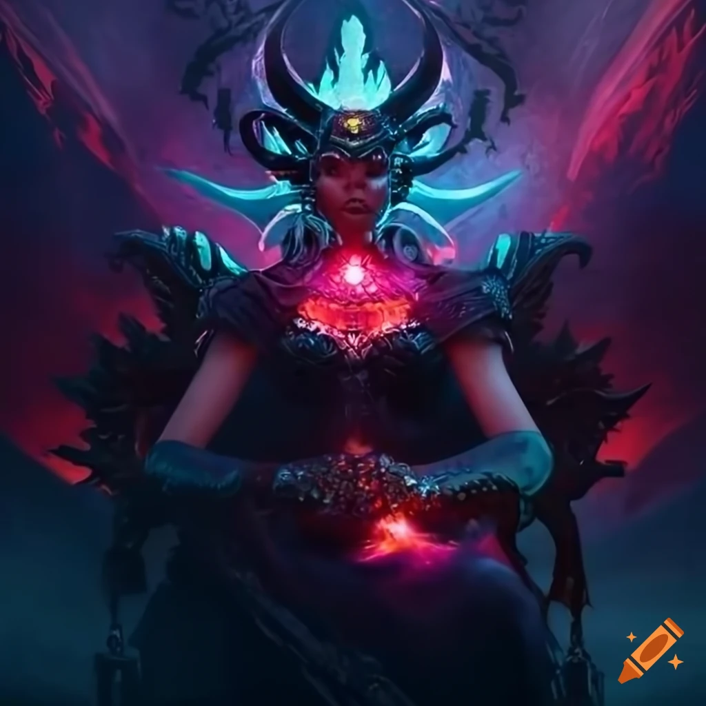 Exquisite woman warrior in a demonic throne room with flaming mountains ...