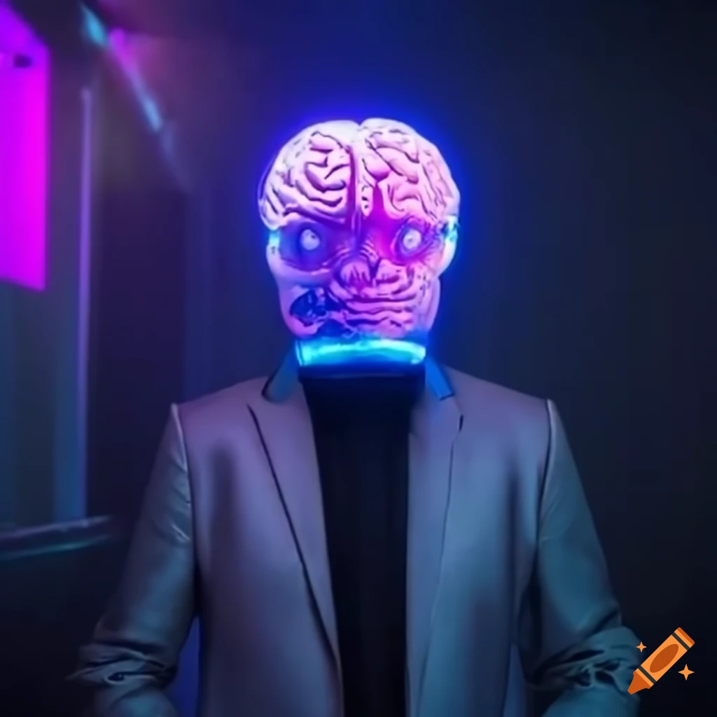 Cyberpunk ceo in a suit with brain in a jar as head on Craiyon