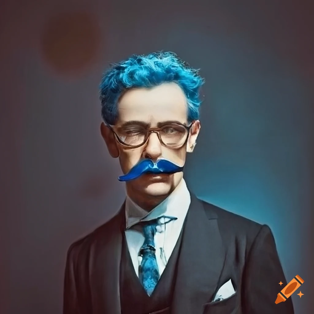 Portrait of a man with blue hair, handlebar mustache, and gold glasses ...