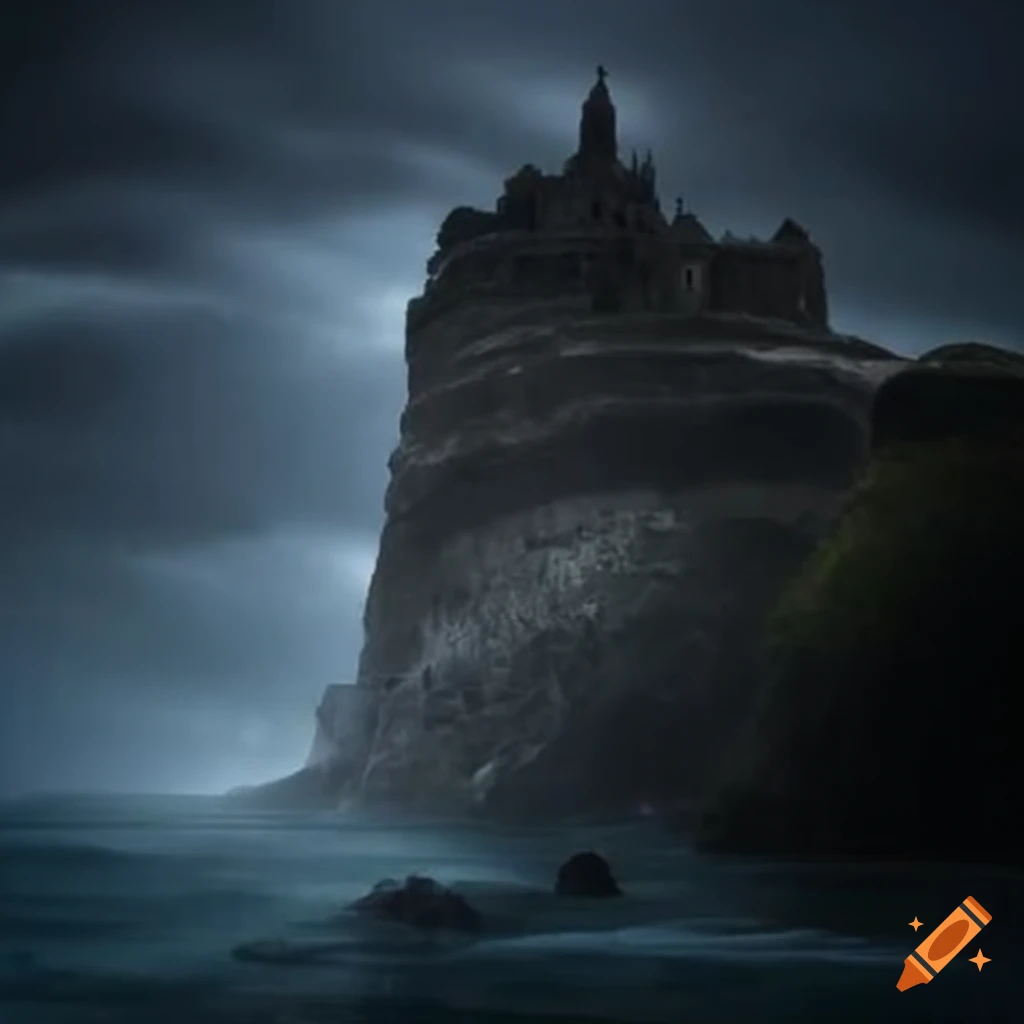 Cliff island monastery in the midst of an electric storm on Craiyon