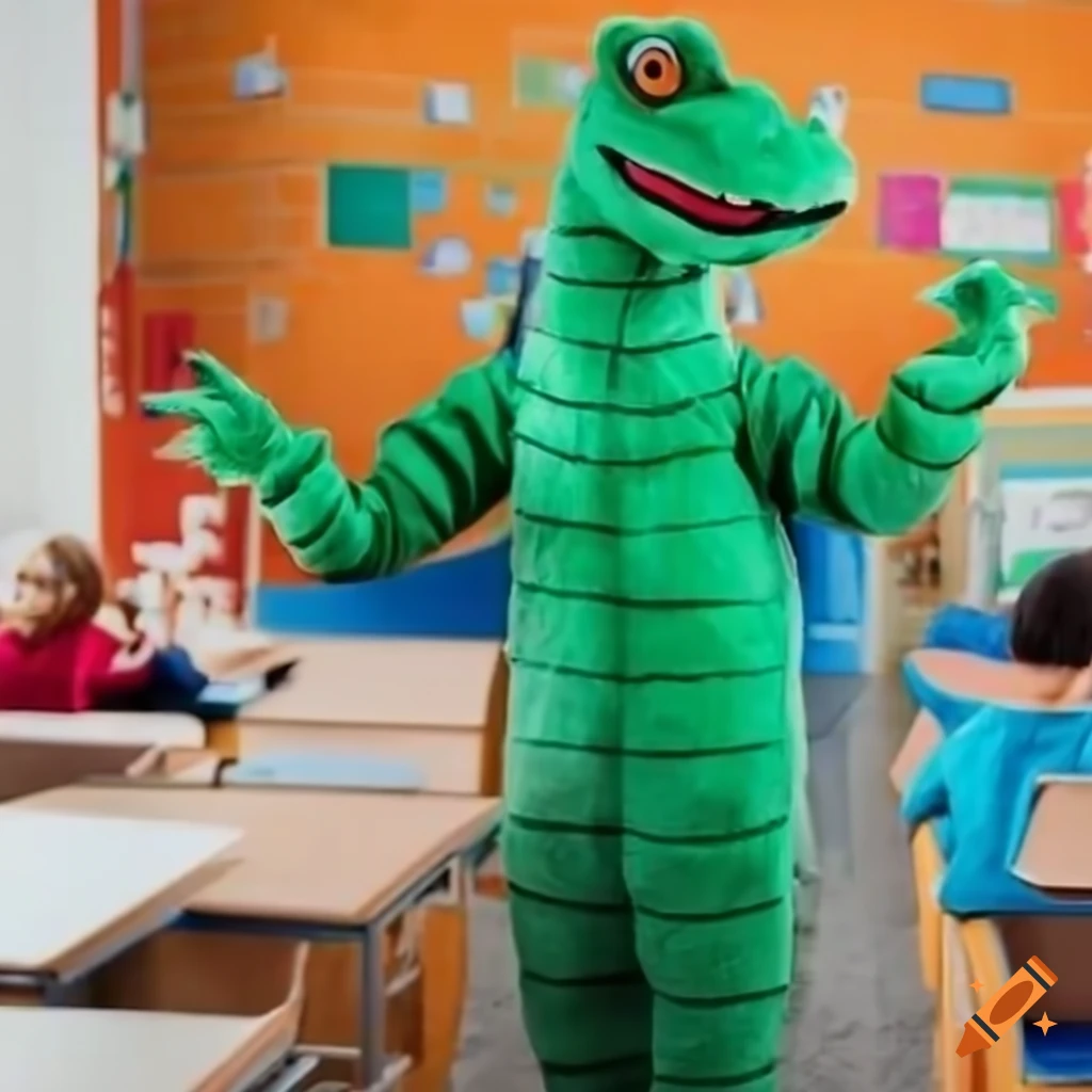 Female teacher wearing full body lizard mascot costume in classroom on ...